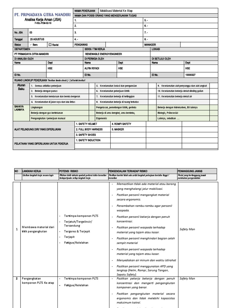 JSA Mobilisasi Material PT Primadaya | PDF