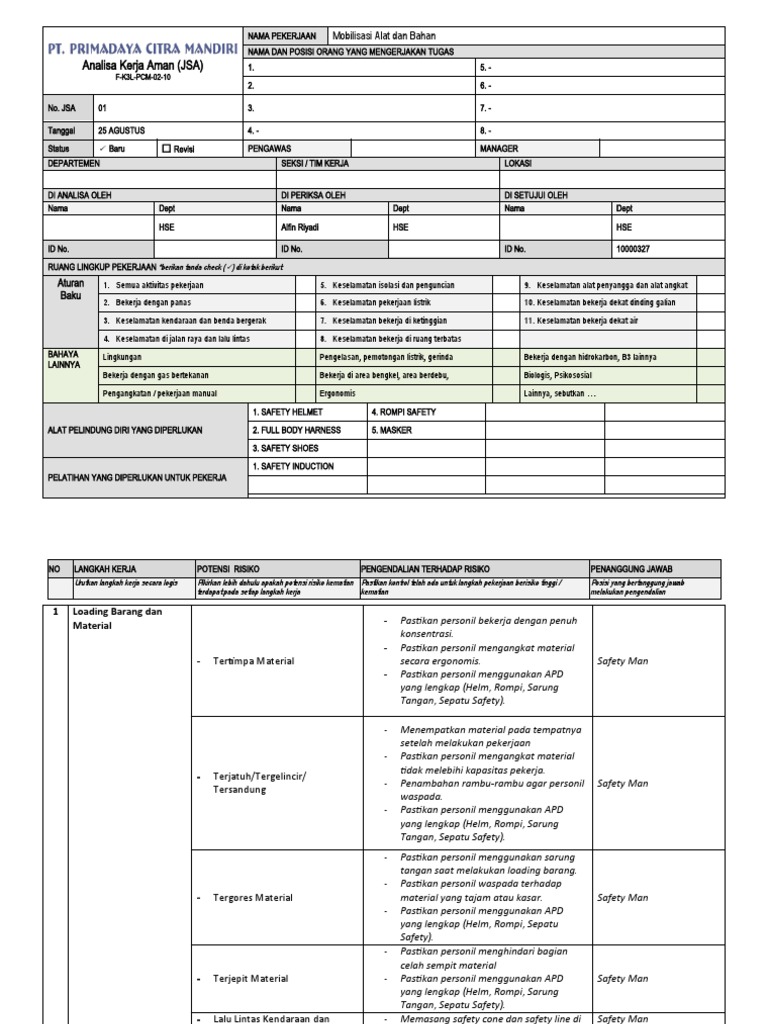 F-K3L-PCM-JSA-01 Mobilisasi Alat Dan Bahan | PDF