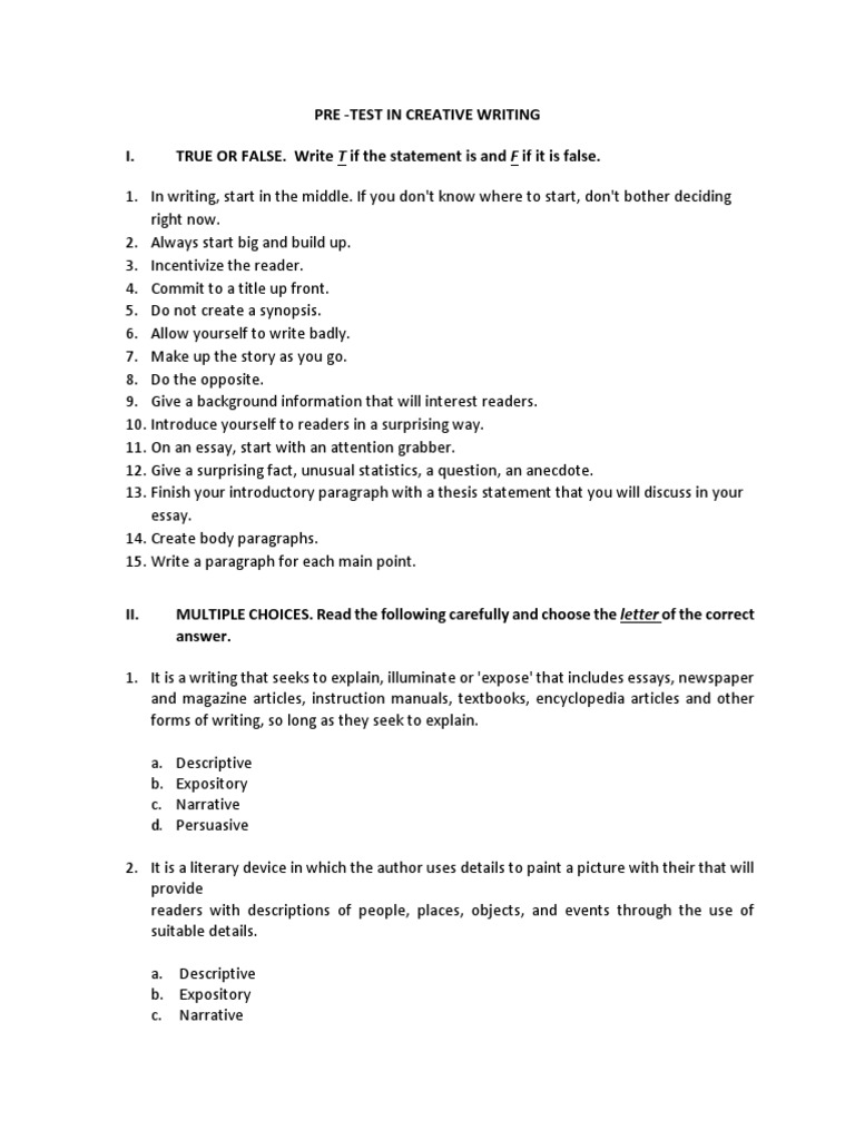 Creative Writing Pre-Test Guide | PDF | Narration | Essays