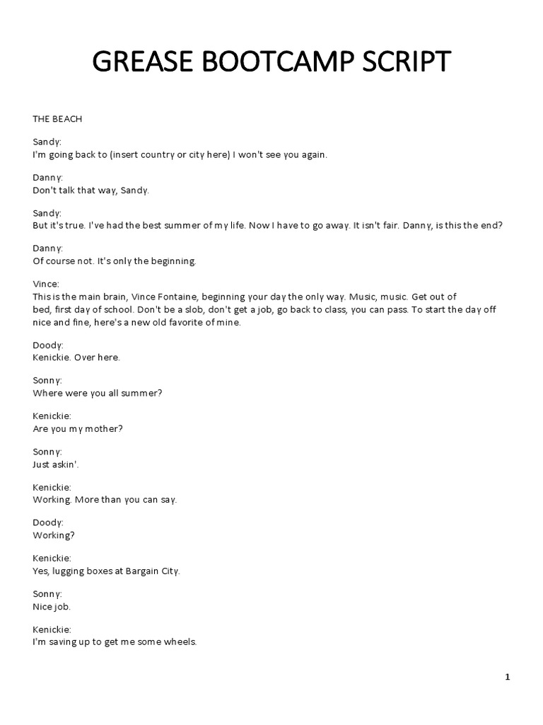 Grease Bootcamp Script Pdf