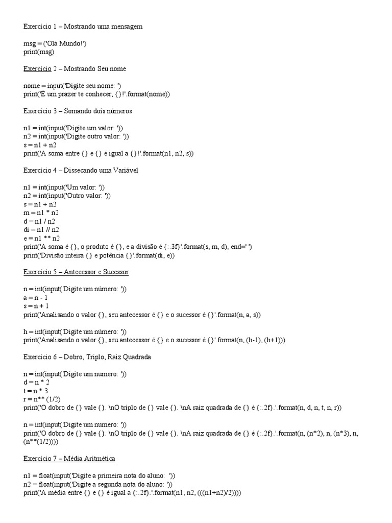 PYTHON Exercicios | PDF | Objetos matemáticos | Matemática elementar
