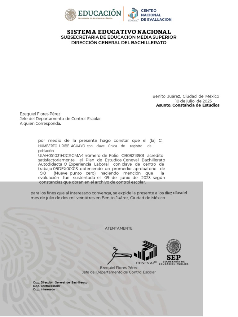 Constancia de Estudios Bachillerato Ceneval | PDF