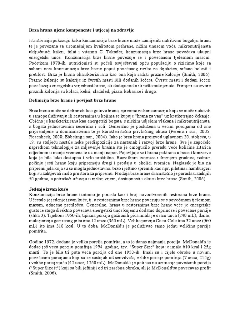 Brza Hrana Njene Komponente I Utjecaj Na Zdravlje - Slow Food | PDF