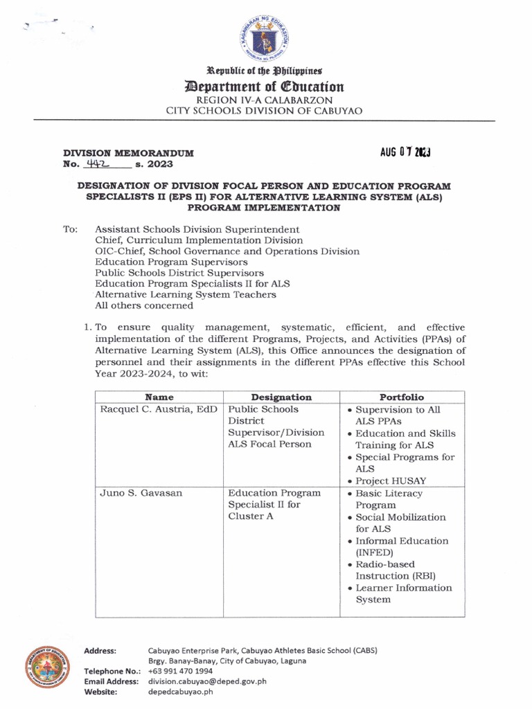 Division Memorandum No. 442 S. 2023 Designation of Division Focal ...