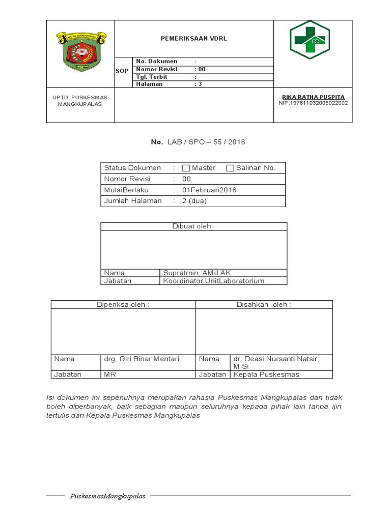 SOP Pemeriksaan VDRL Puskesmas Mangkupalas | PDF