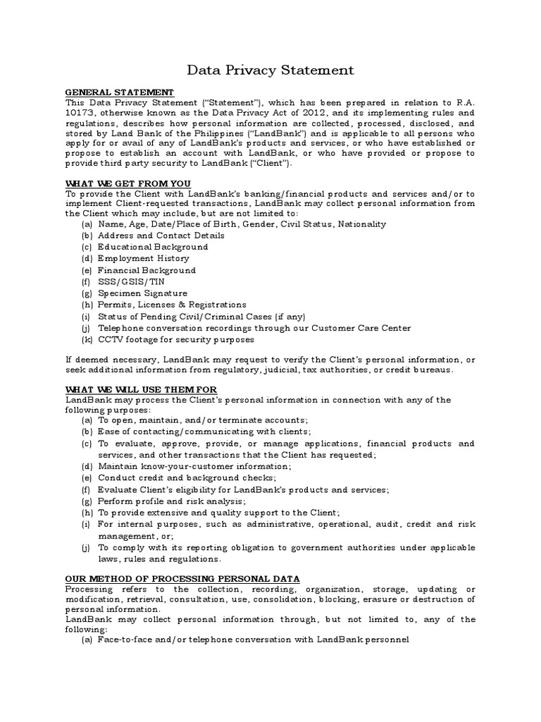 Data Privacy Statement - LANDBANK | PDF | Information | Banks