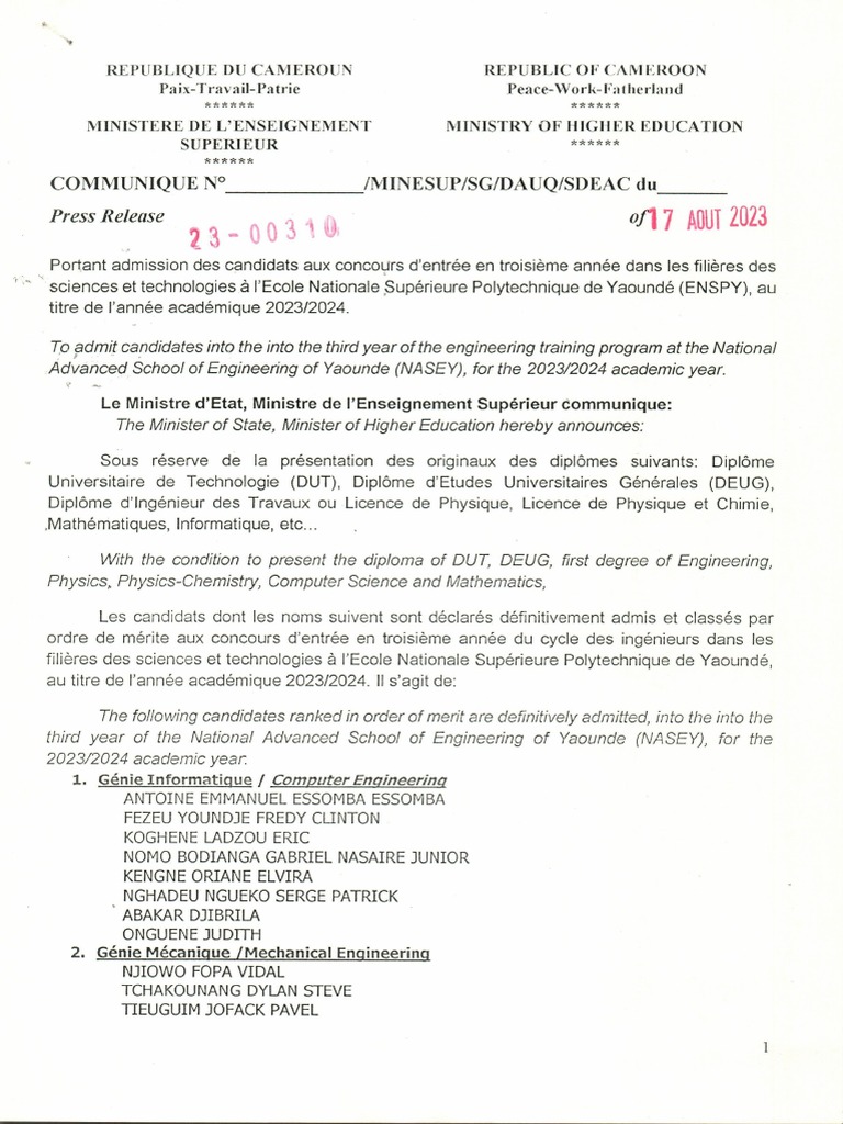 ENSPY 2023 3e Annee Sciences Et Technologies | PDF | Qualifications ...