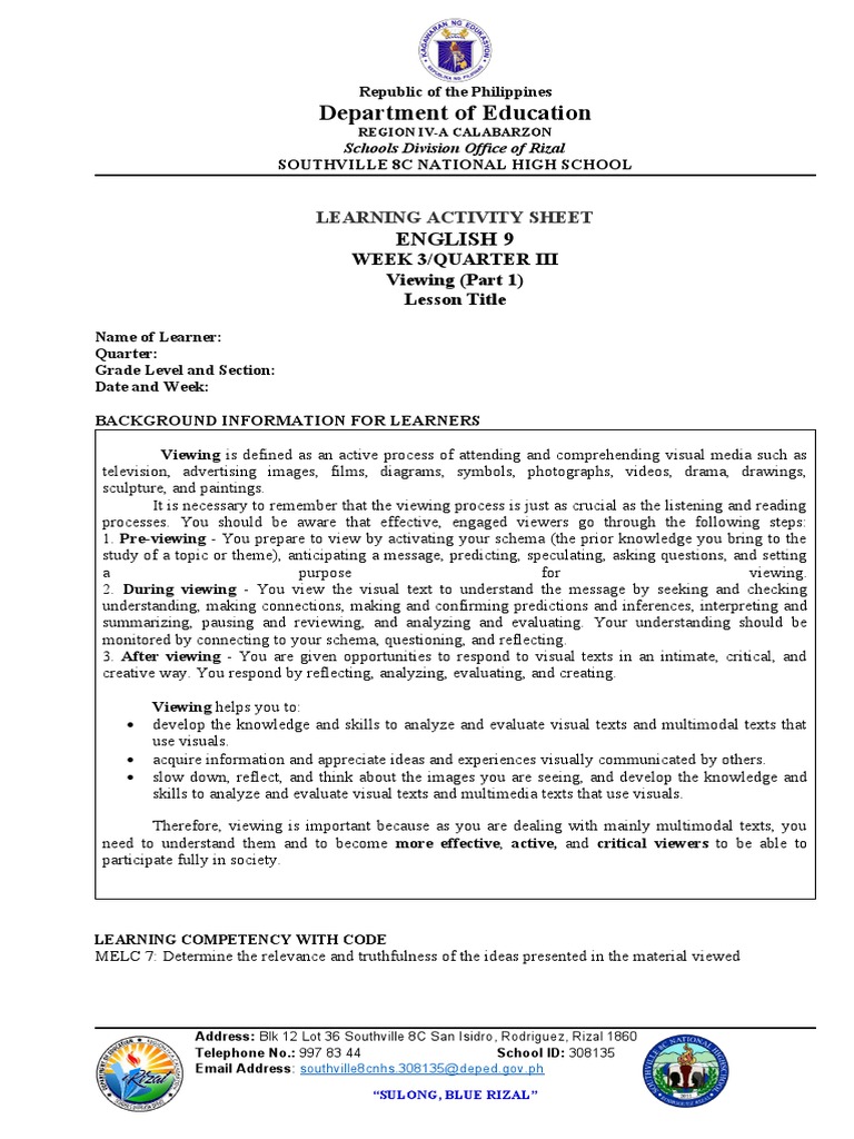 English 9 Intervention LAS Week 3 | PDF | Learning | Cognitive Science