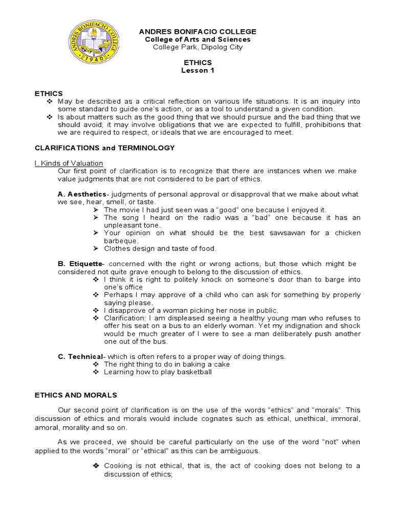 Unit-1-Lesson Ethics | PDF | Morality | Psychological Egoism