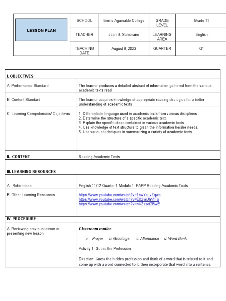 LESSON-PLAN_SEAPP_ACADEMIC-WRITING | PDF | Logic | Learning