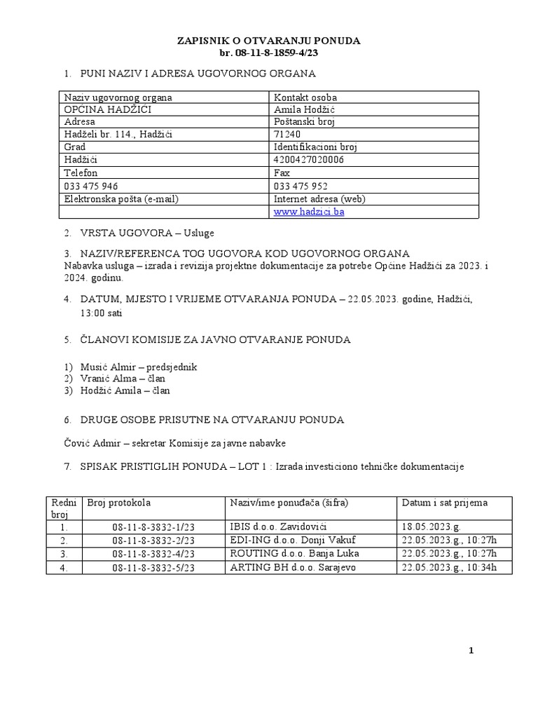 Zapisnik o Otvaranju Ponuda-Projekt Dokum. | PDF
