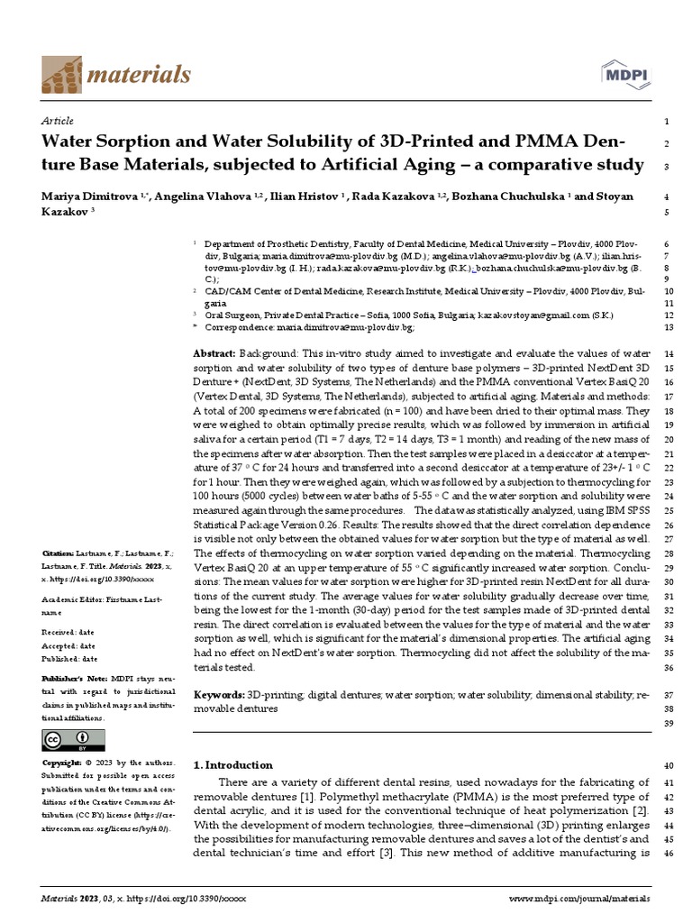 Water Sorption and Water Solubility of 3D-Printed and PMMA Denture Base ...