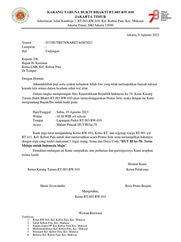 Contoh Undangan Resmi Acara Pentas Seni Malam Hut Ri Ke-78 + Dilengkapi ...