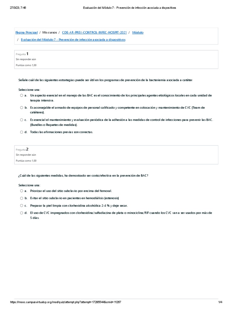 Evaluación Del Módulo 7 - Prevención de Infección Asociada A Dispositivos | PDF