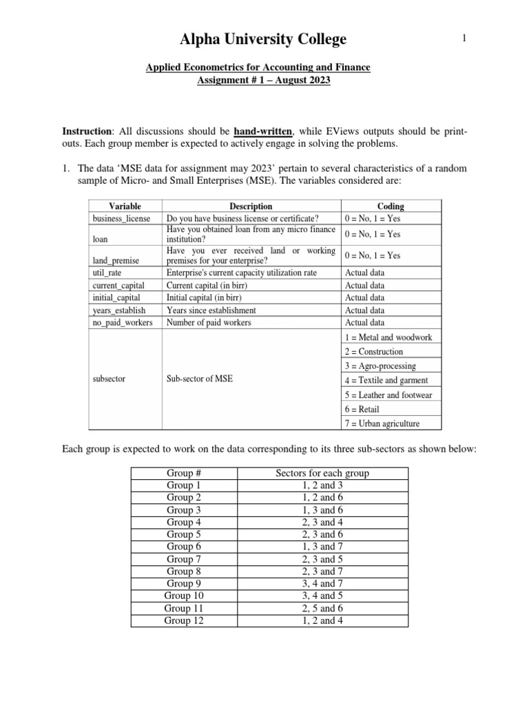Assignment I Questions Econ. For Acct & Fin. 2023 | PDF | Dependent And Independent Variables ...