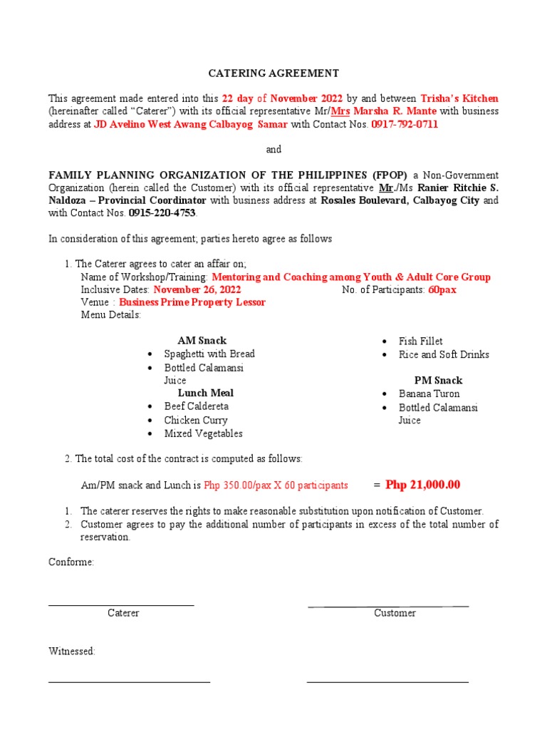 Service Catering AGREEMENT | PDF