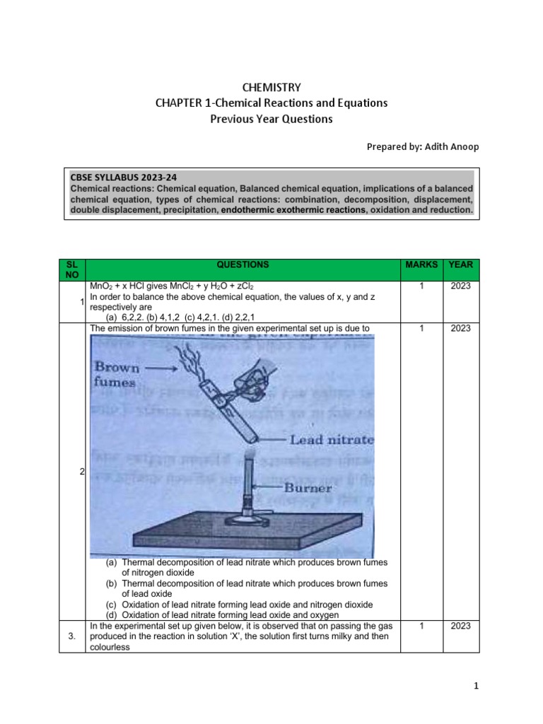 Chemistry-Chapter 1 Pyq | PDF | Chemical Reactions | Oxide