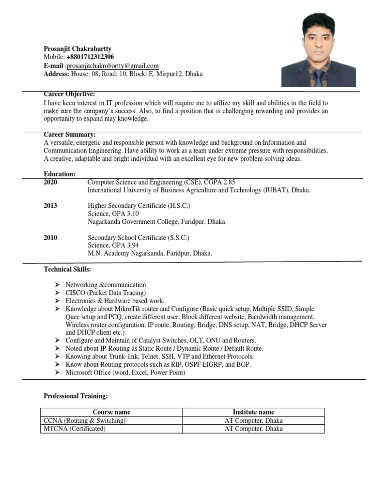 Prosanjit CV | PDF | Router (Computing) | Computer Architecture