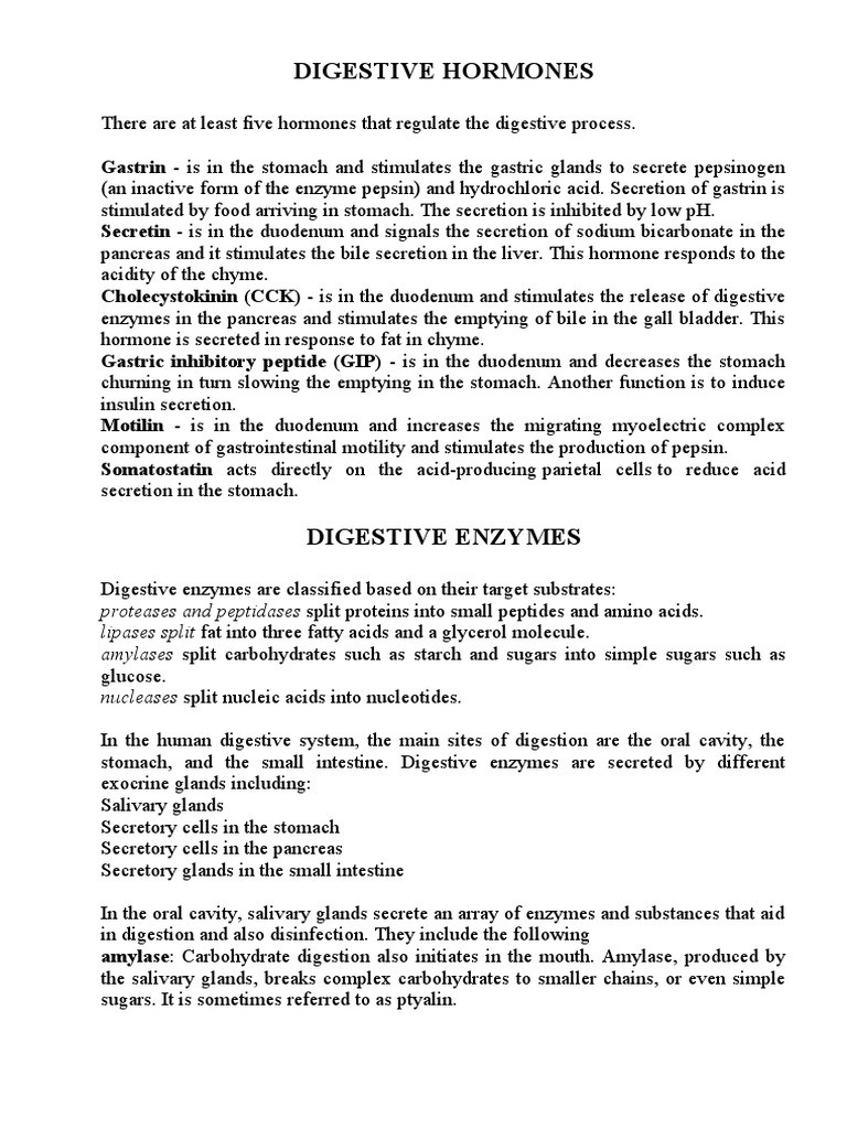 Digestive Hormones and Enzymes Overview | PDF | Digestion | Stomach