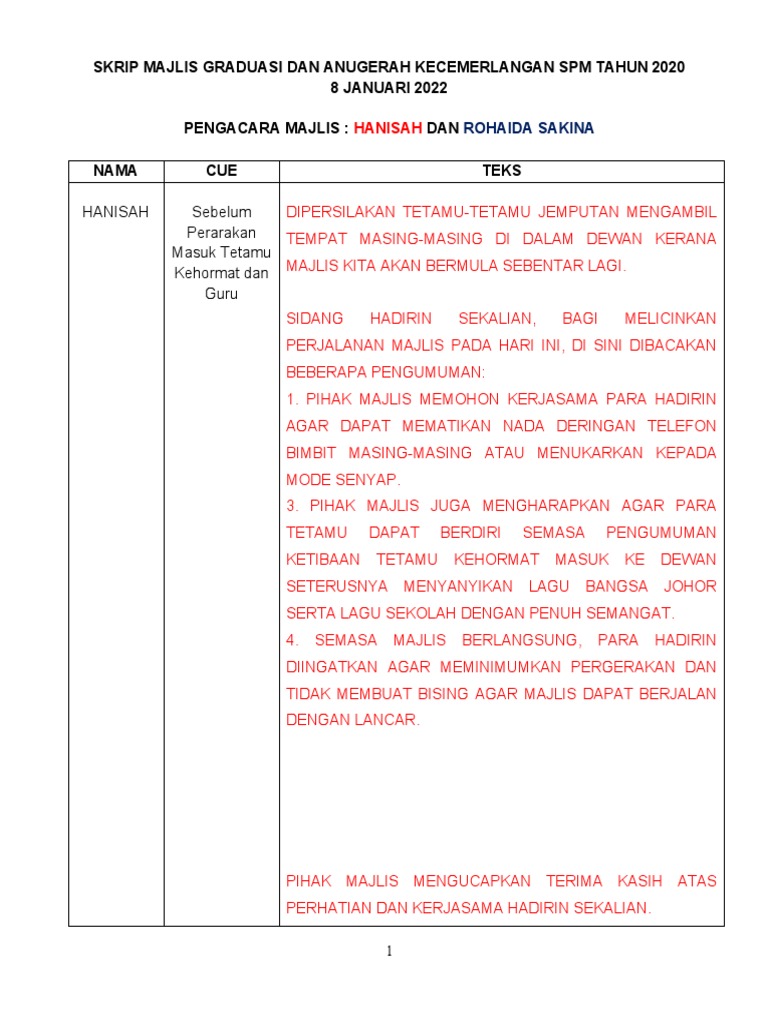 Skrip Majlis Graduasi SPM 2021 | PDF