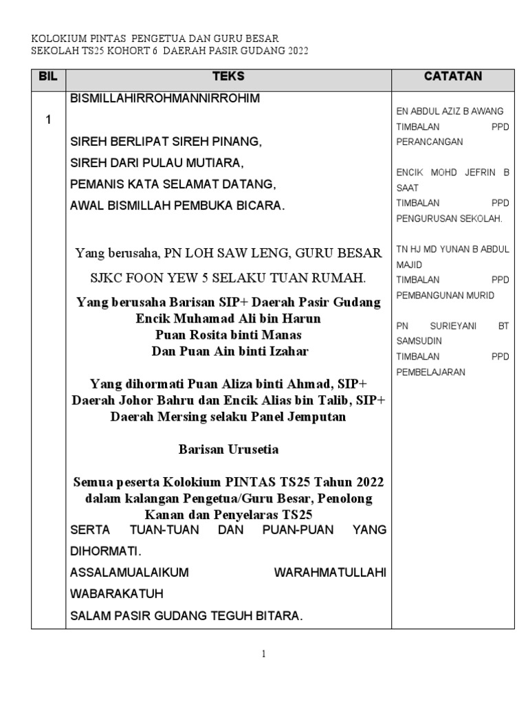 Teks Pengacara Kolokium Pintas Ts25 Kohort 6 Bilik 1 | PDF