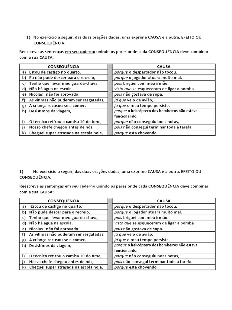 Exercícios Língua Portuguesa Causa e Consequência | PDF