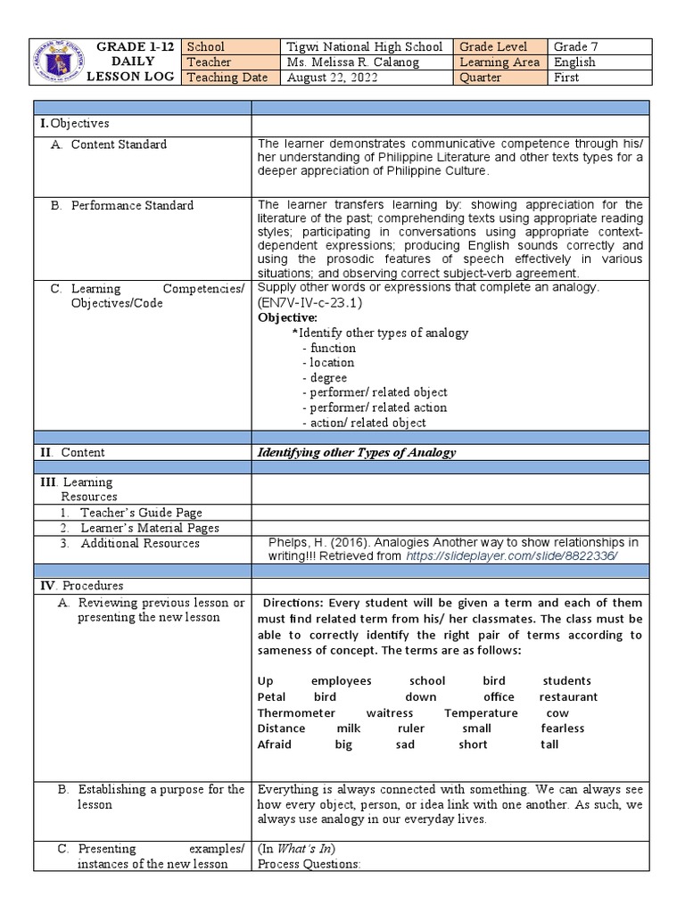 Q1 Week 1 - DLL 2022 | PDF | Analogy | Learning