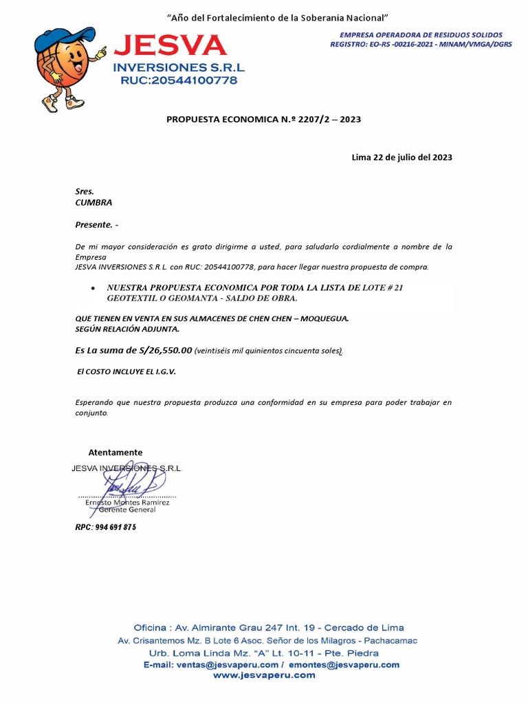 Propuesta Economica Cumbra - Geomanta Lote#21 | PDF