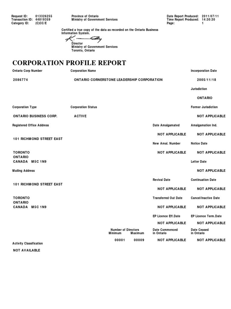 Cornerstone Corporate Profile Report | PDF | Ontario | Government ...