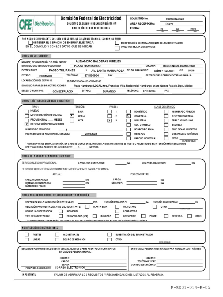 P-B001-fff014-R-05 Solicitud de Servicio de Energía Electrica Bajo El Regimen de Aportaciones | PDF