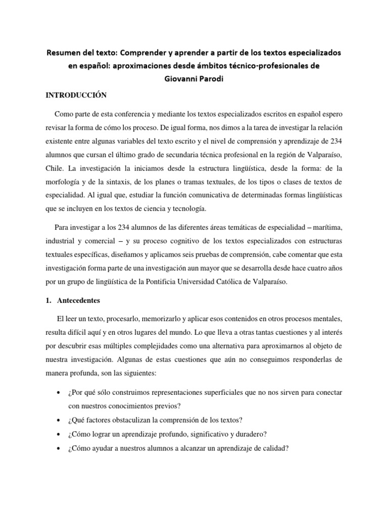 Resumen Del Texto Comprender y Aprender A Partir de Los Textos ...