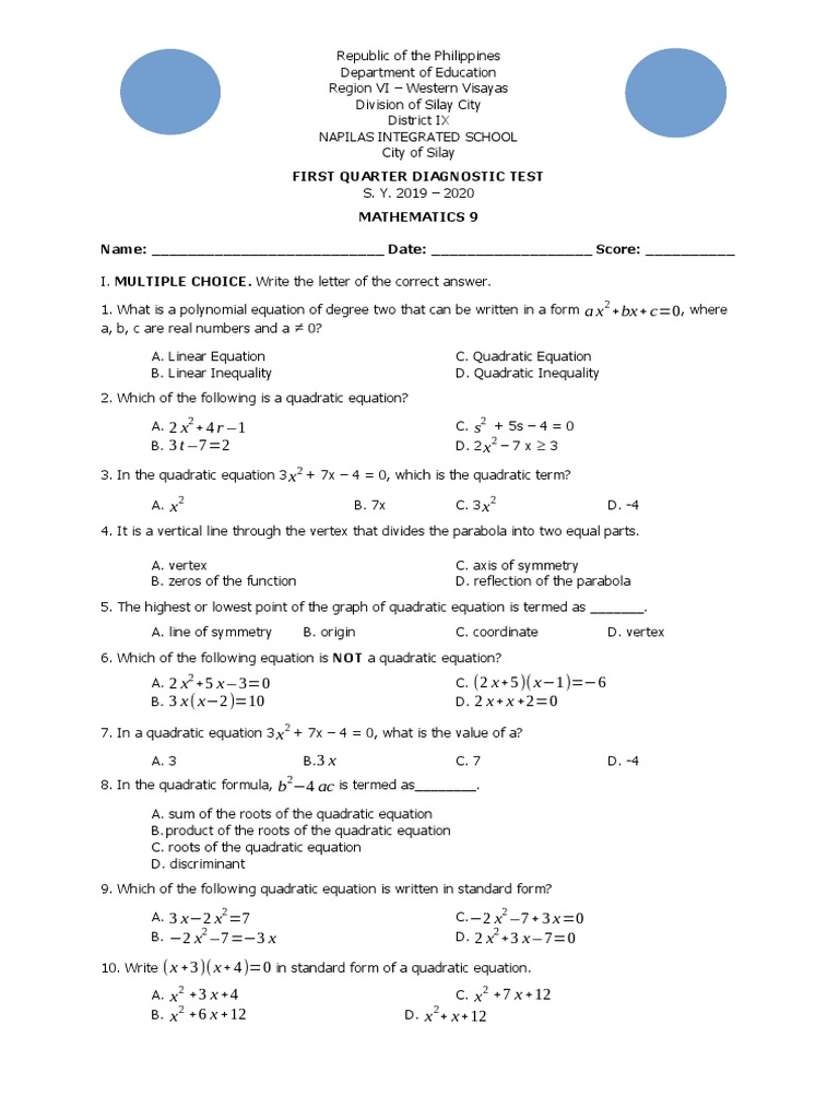 Math 9 1st DIAGNOSTIC TEST | PDF | Quadratic Equation | Mathematics