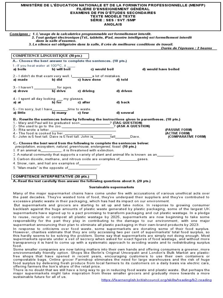 Modèle Examen Anglais NS4 2024 | PDF | Grocery Store | Supermarket