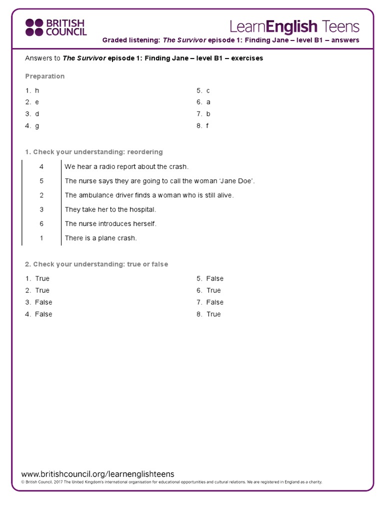 The Survivor Episode 1 Finding Jane - Level b1 - Answers | PDF