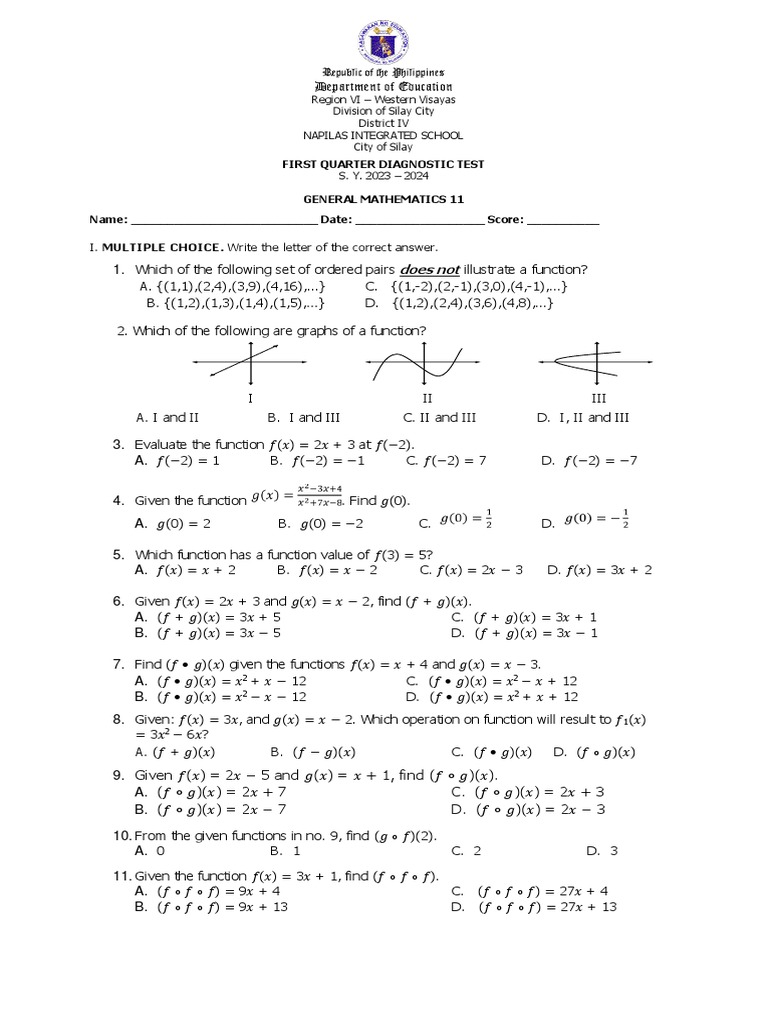 Grade 11 Math Diagnostic Test | PDF | Function (Mathematics) | Asymptote