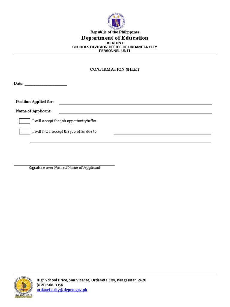 Confirmation Sheet for Job Applicants | PDF