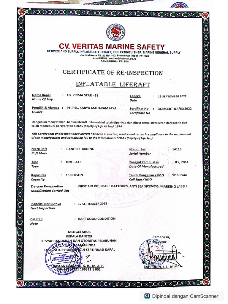 Liferaft Dan Fire Extinguiser Tb. Prima Star 51 | PDF