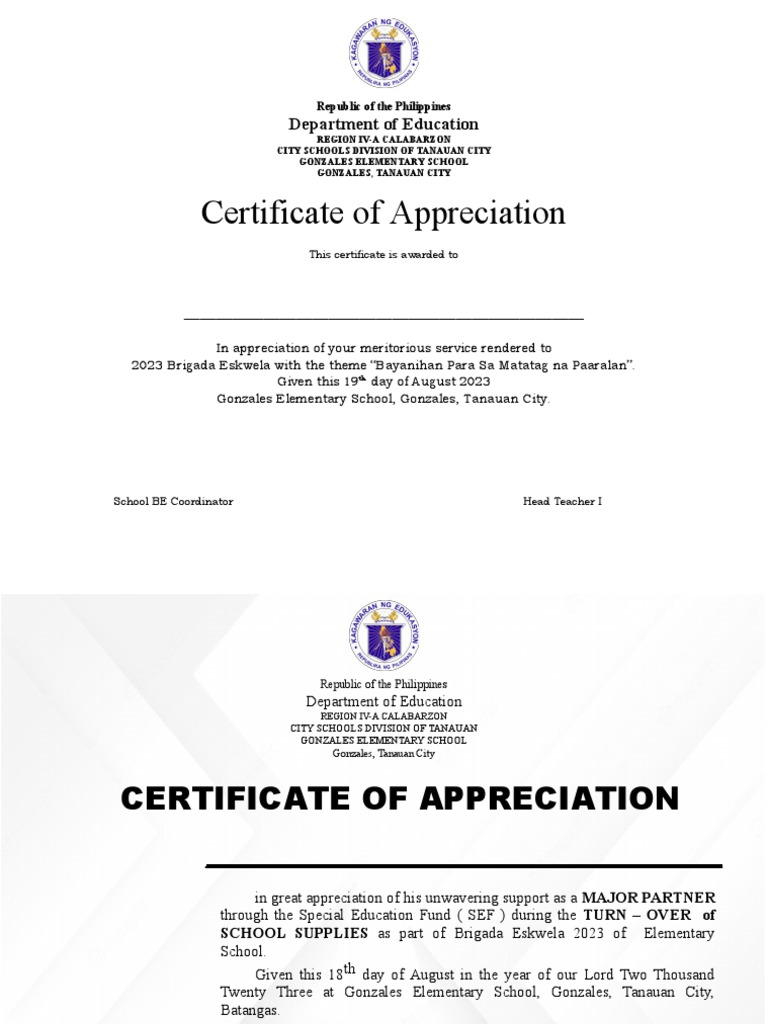 Brigada Eskwela 2023 Certificate of Appreciation | PDF | Wellness