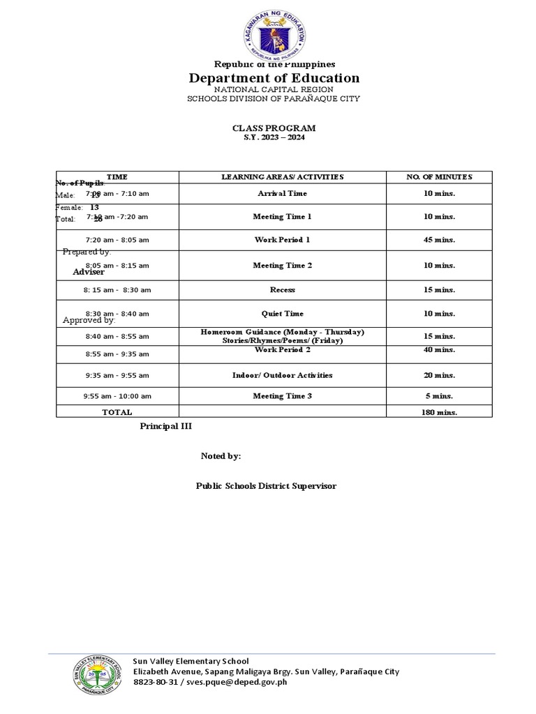 Sample KINDER CLASS PROGRAM 2023-2024 | PDF