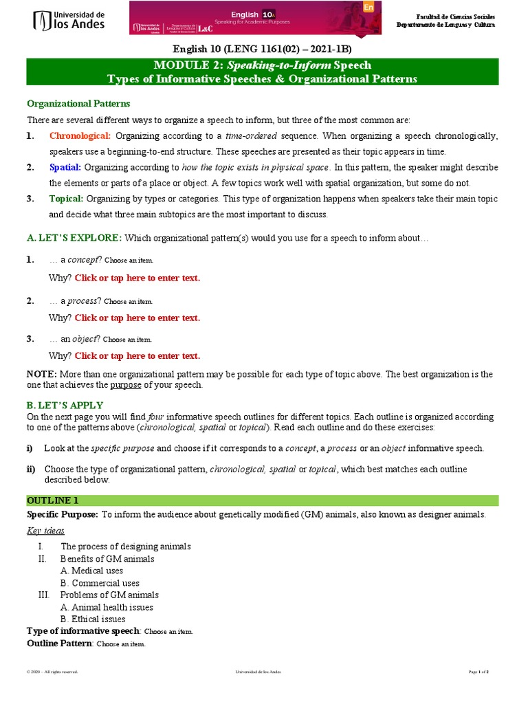 LENG1161-Speaking To Inform Organizational Patterns (STUDENT WKT) | PDF ...