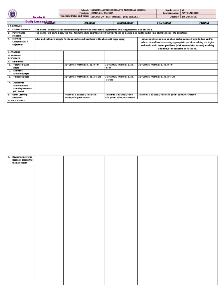DLL Math 6 Q1 Week 1 | Download Free PDF | Learning | Cognitive Science