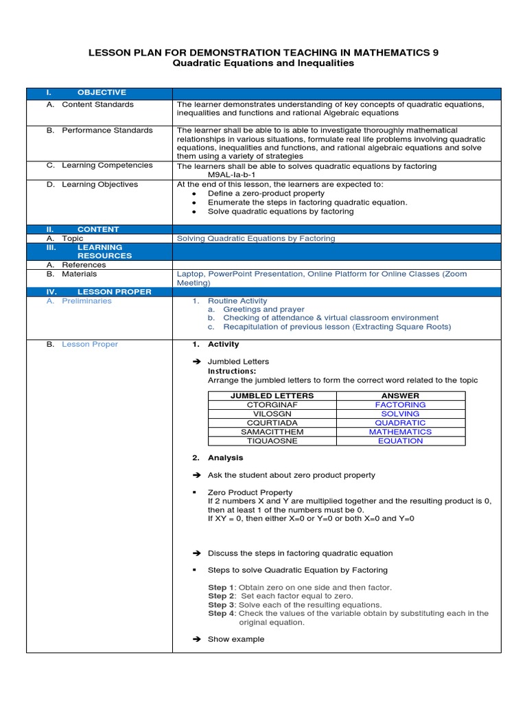 DLP - MATH DEMO - Quadratic Equations and Inequalities | PDF ...