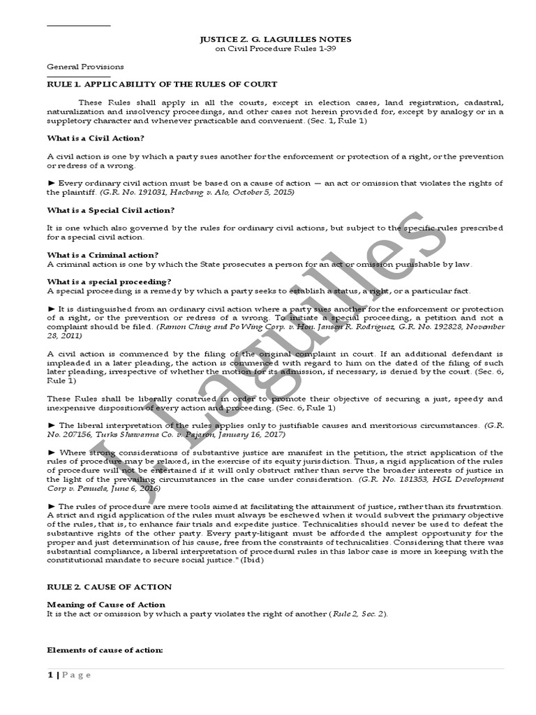 Civ. Pro. Lecture - Rules 1-39 | PDF | Lawsuit | Cause Of Action
