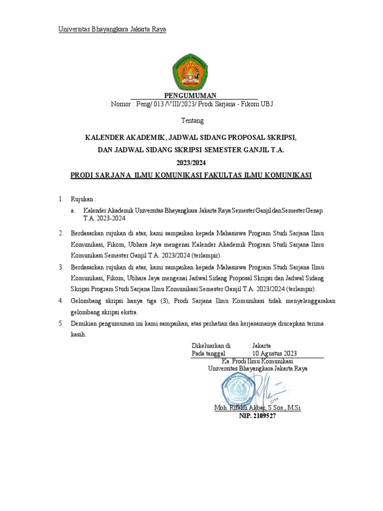 Peng-013-Viii-2023-Prodi Sarjana - Fikom Ubj Kalender Akademik Dan ...