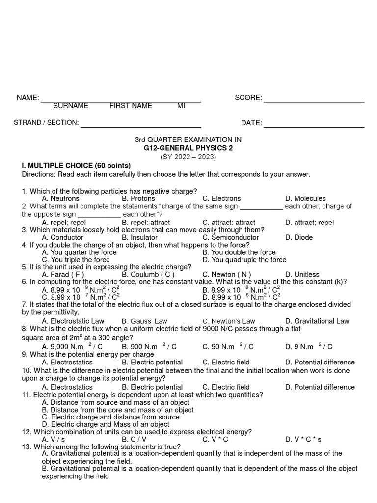 3rd Quarter Exam - G12-Gen Physics 2 | PDF | Potential Energy | Voltage