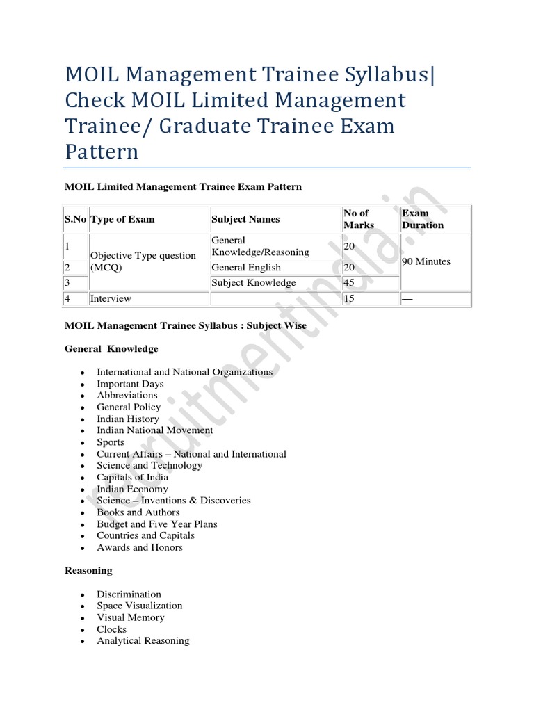 MOIL Management Trainee Syllabus | PDF