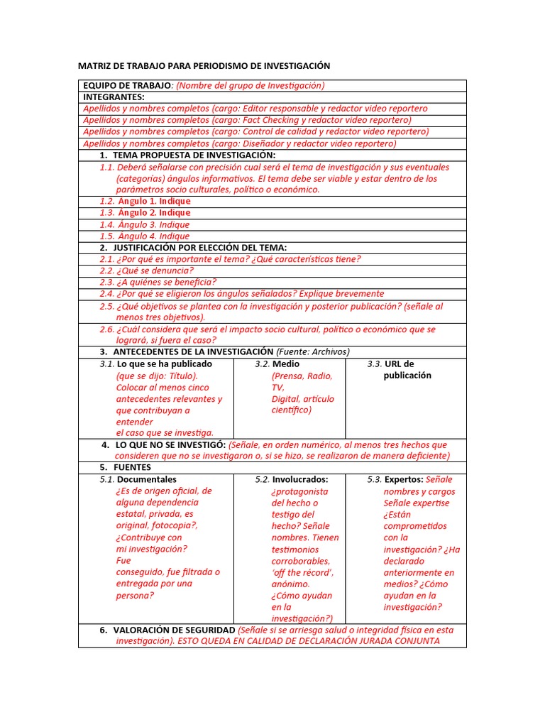 Matriz de Trabajo para Periodismo de Investigacic393n | PDF