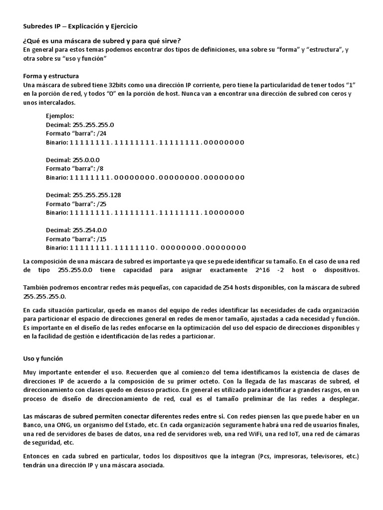 Unidad 1-Subredes IP - Explicacion y Ejercicio | PDF