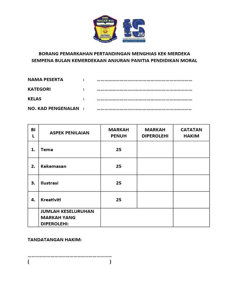 Borang Pemarkahan Pertandingan Hiasan Kek Merdeka | PDF