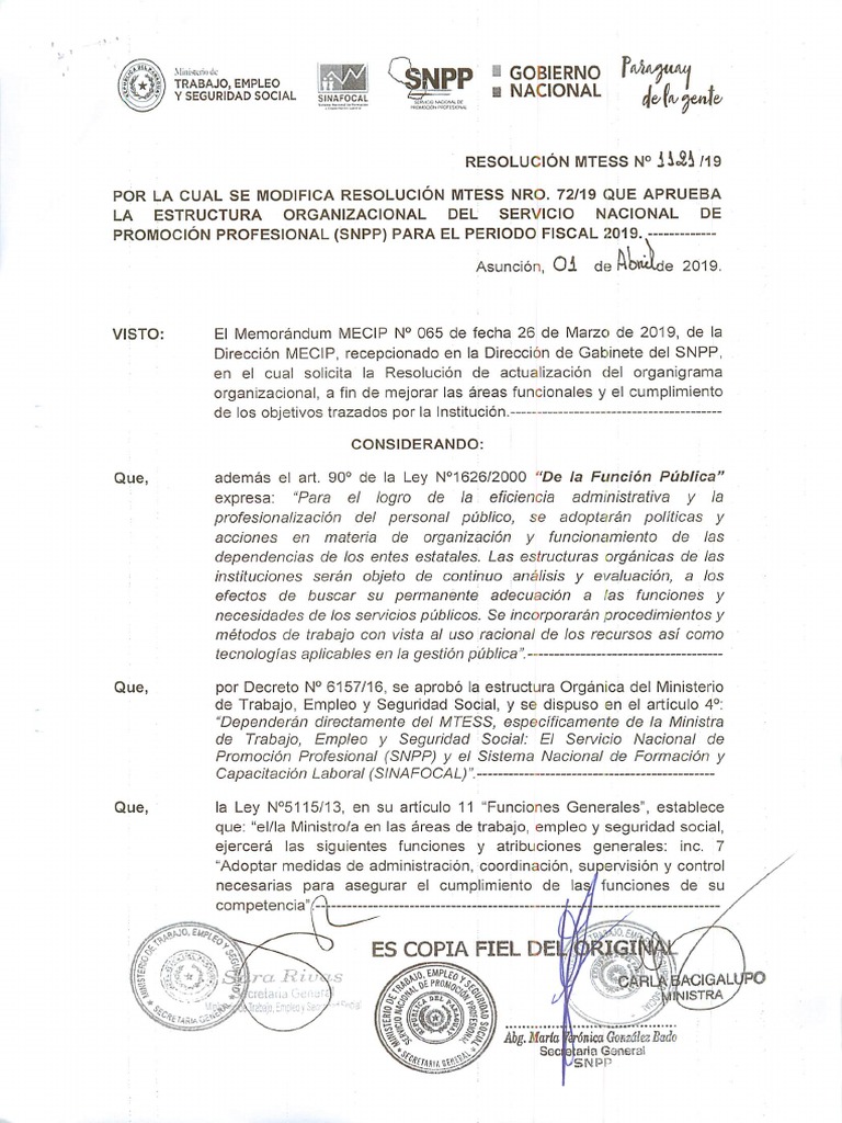 Resolucion #1121-19 Por La Cual Se Aprueba La Estructura Organizacional Del SNPP | PDF
